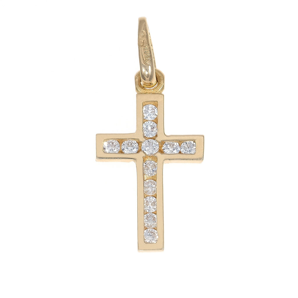 Cruz cuadrada con carril circonitas oro 18k